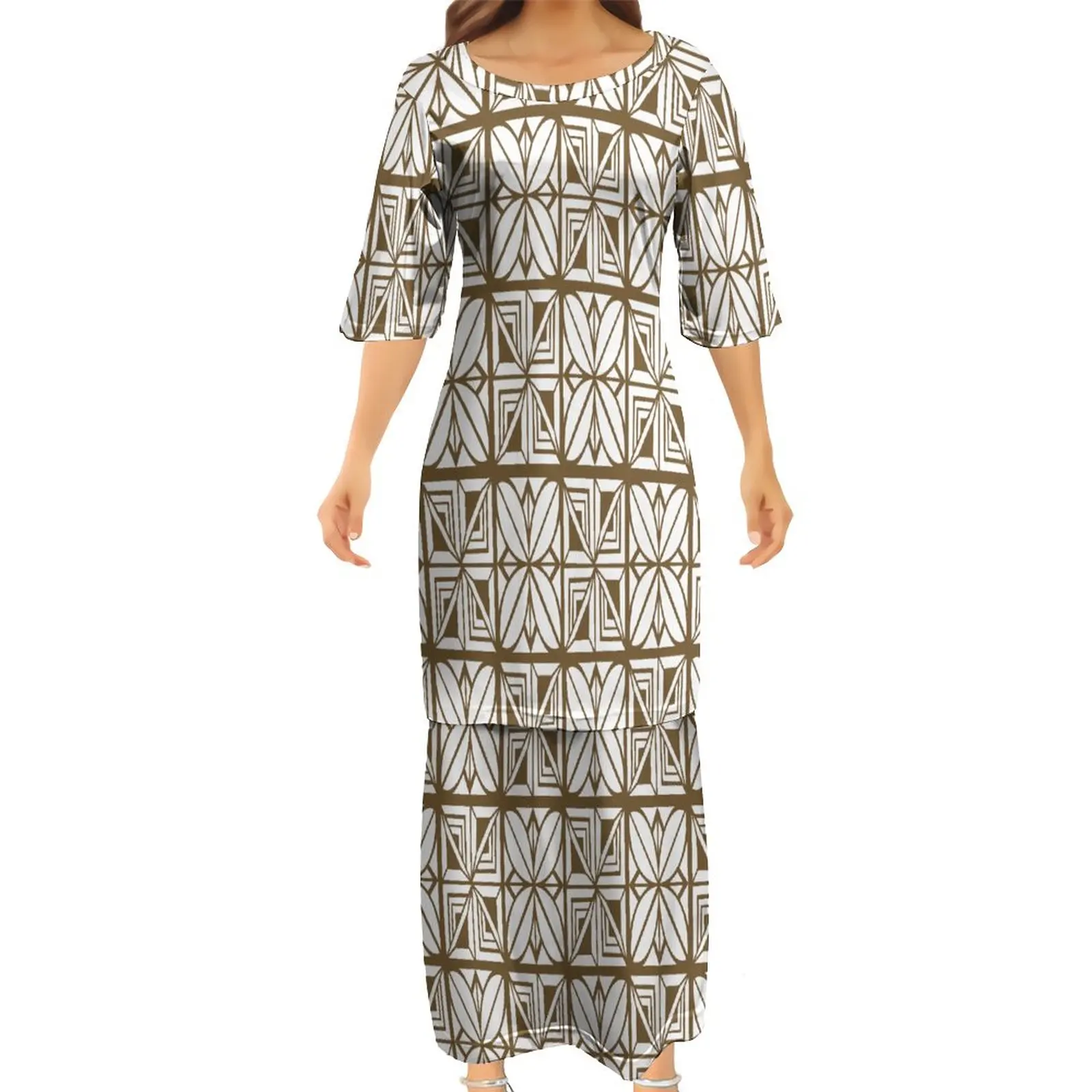 Custom Tapa Flower Print Polynesian Tribal Samoa Puletasi Dress Crew Neck Ptaha Large Size ...