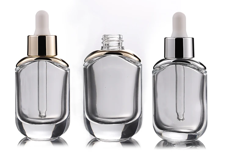 High-end square clear Glass Dropper Bottles 30ml Oval Glass Dropper Bottles with Gold Cap for ...