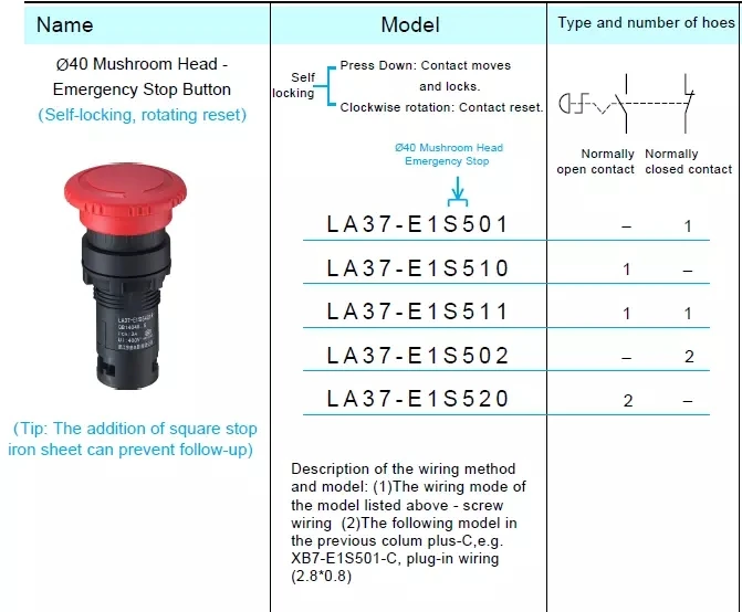 40mm Mushroom Head Emergency Stop Push Button Switch Self-locking Rotating Reset 2 Contact - Buy ...
