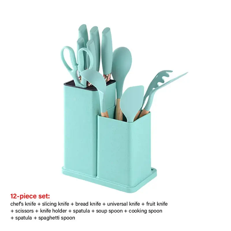 19pcs Knife Set Silicone Kitchen Utensils Set With Wooden Handle And ...