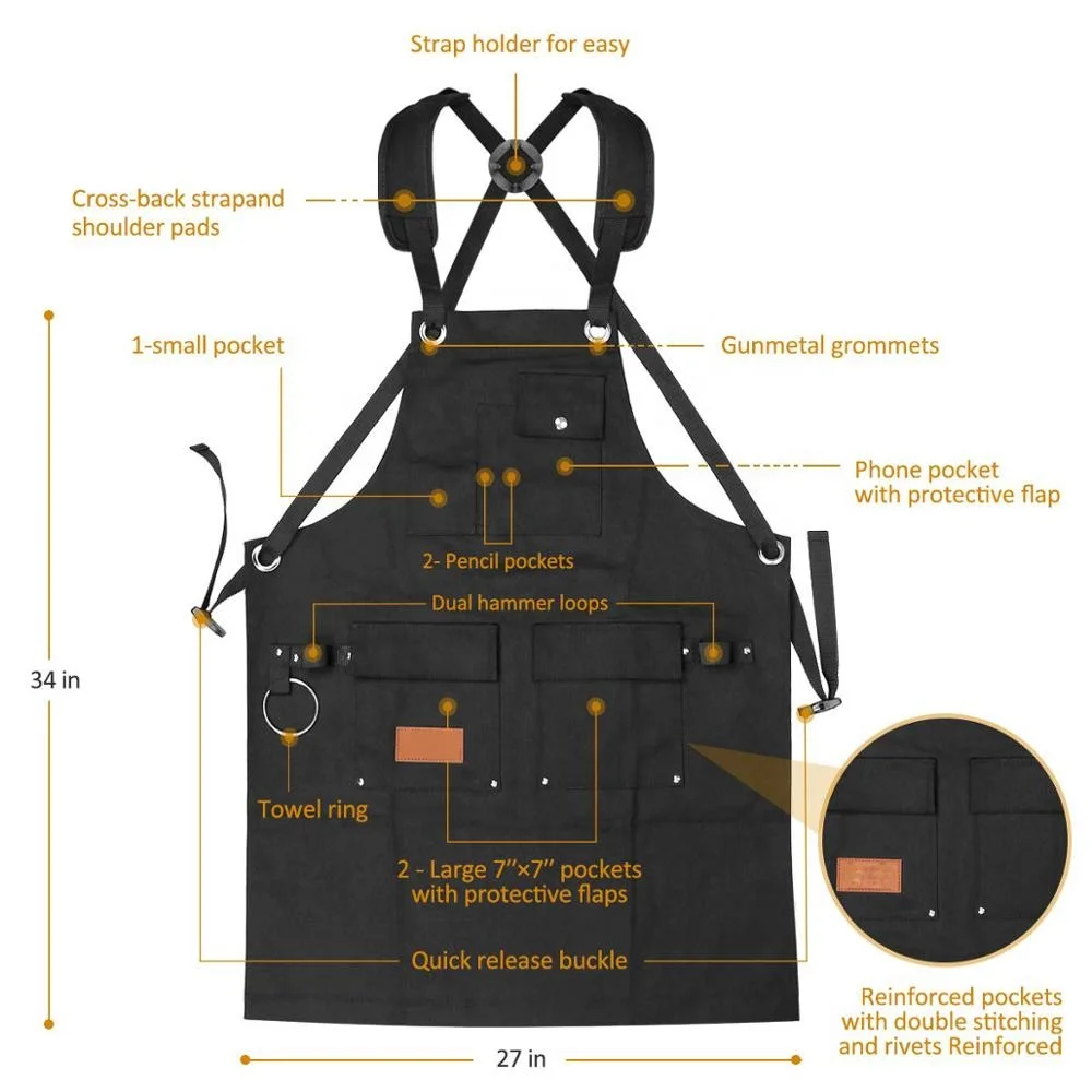 Heavy Duty Waxed Canvas Tool Aprons with 6 Pockets Thick Shoulder Pad Quick Release Buckle ...