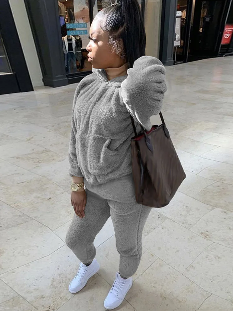 Plush Warm Fluffy Suits 2 Pieces Set Cute Fuzzy Sherpa Hoodie Thick ...