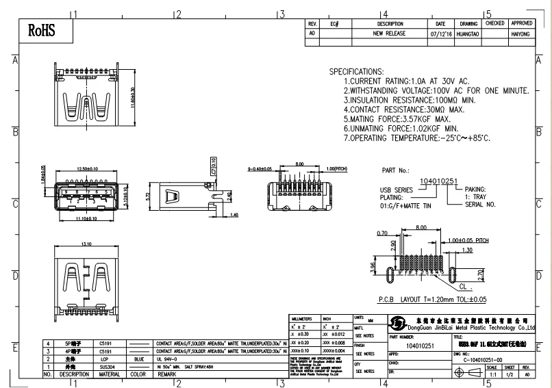USB A3.0 connector a-type female mini usb connector