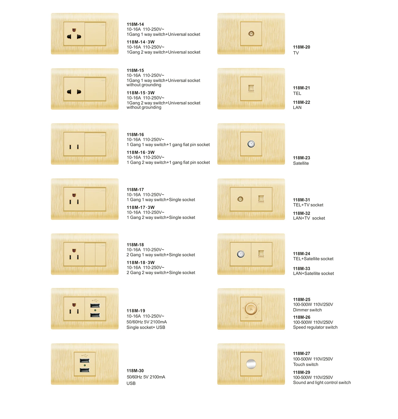 250V 10-16A Gold Brushed PC Plate Wall Switch - 1 Gang