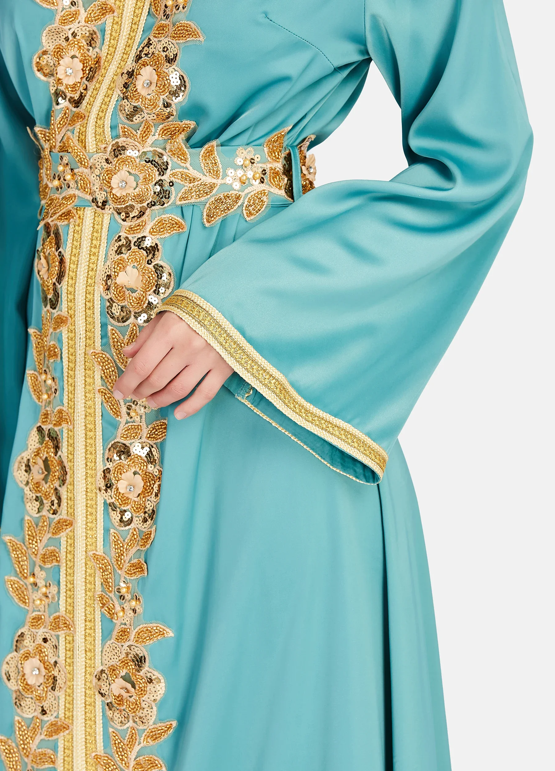 Women Clothing Muslim Islamic Middle East Turkey V Neck Sequin Embroidery Long Sleeve Abaya Maxi