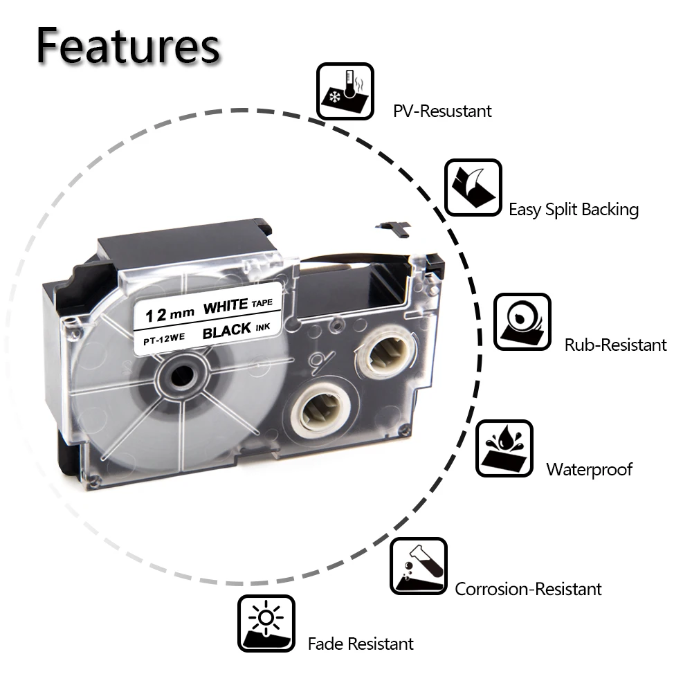 12mm Black On Yellow Compatible Casio Label Tape Cassette Ribbon Tape ...