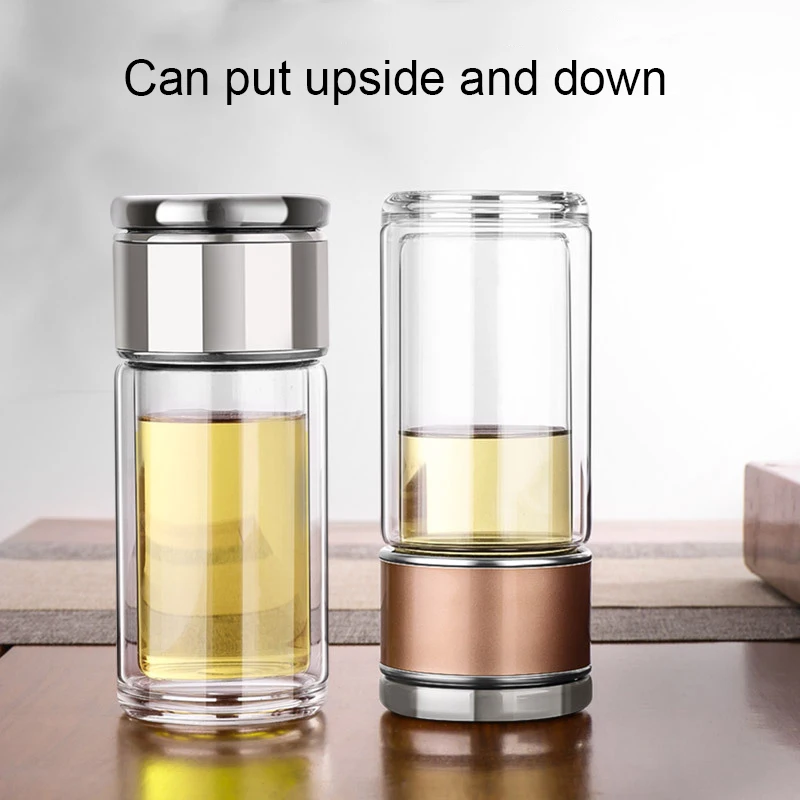 Round Drinking Glass Double Layer Glass Water Bottle With Tea Infuse ...