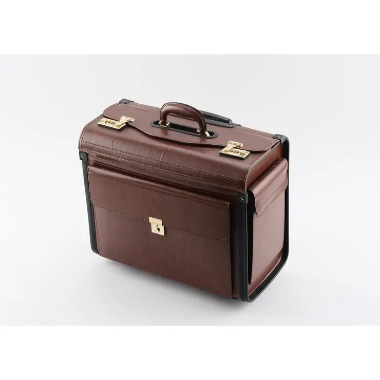 New Design Journal Wheeled Leather Pilot Briefcase Rolling Attache Case