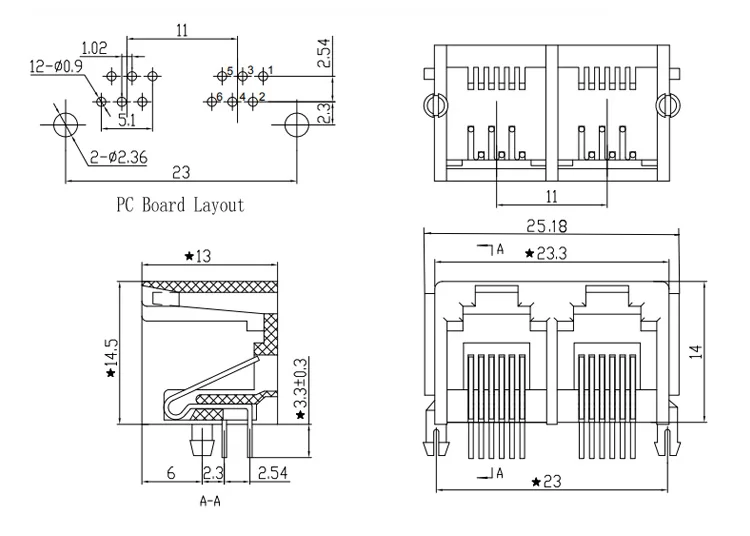 Modular Jack Rj12 Rj14 Rj25 6p6c 1x2 Multi Ports Female Dip 5521 Right ...