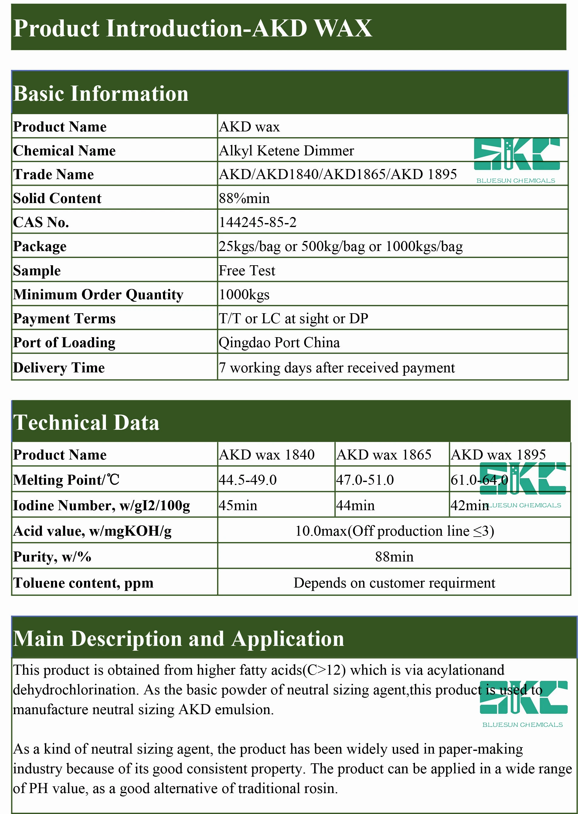 Alkyl Ketene Dimer (AKD) Wax Price for Paper Making
