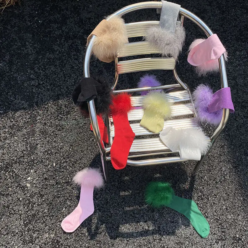 2024 Retro Y2K Candy Color Women’s Feather Faux Fur Ruffle Boot Socks