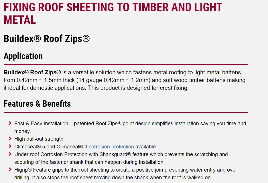 Buildex Roof Zips M6 - Secure Sheeting to Timber & Metal