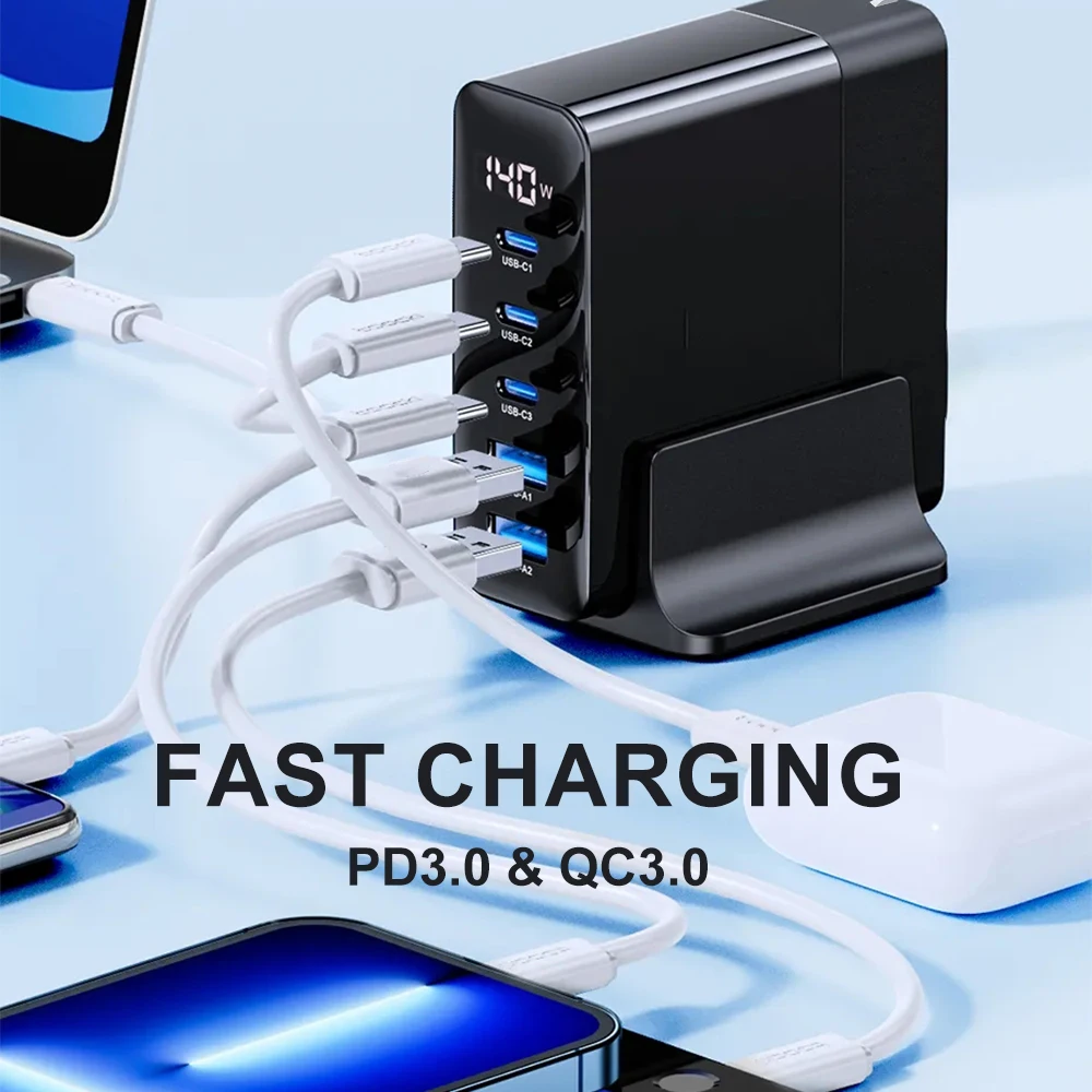 Best Seller 2023 Gan 140w Fast Chargers 5 Ports Triple Usb-c Station ...