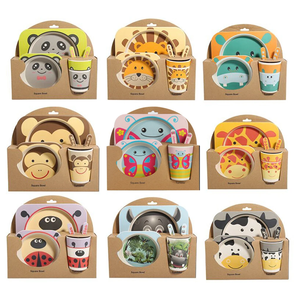 5 In 1 Box Packing Cartoon Animal Bamboo Baby Tableware With Feeding ...