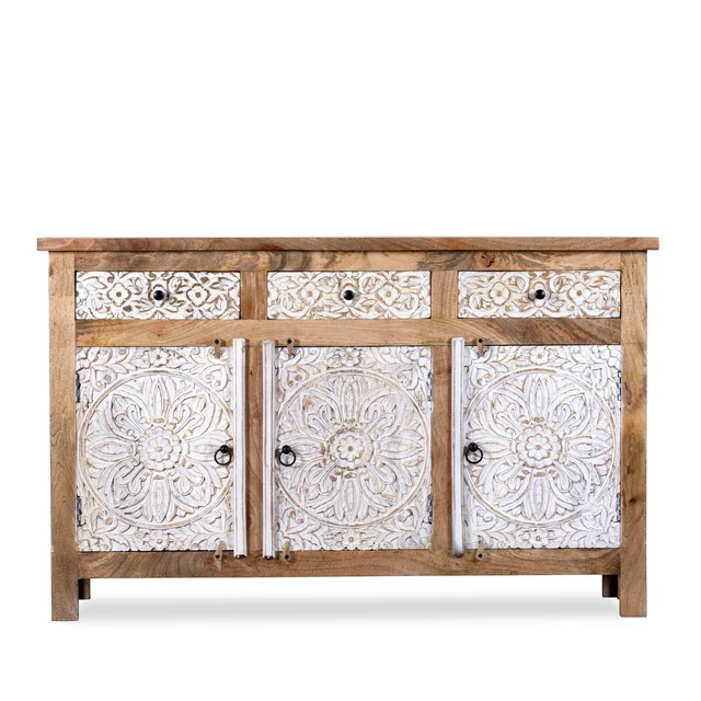 Mango Wooden White Carving 3 Door & Drawers Sideboard 100% Solid Mango ...