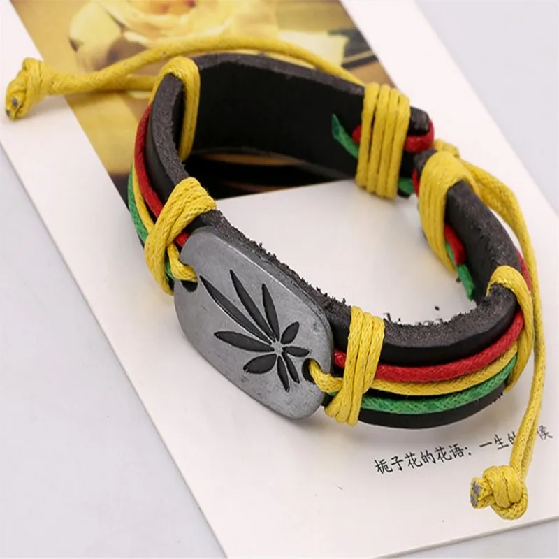 Jamaican Reggae Jewelry - Red Yellow Green Maple Leaf Bracelet