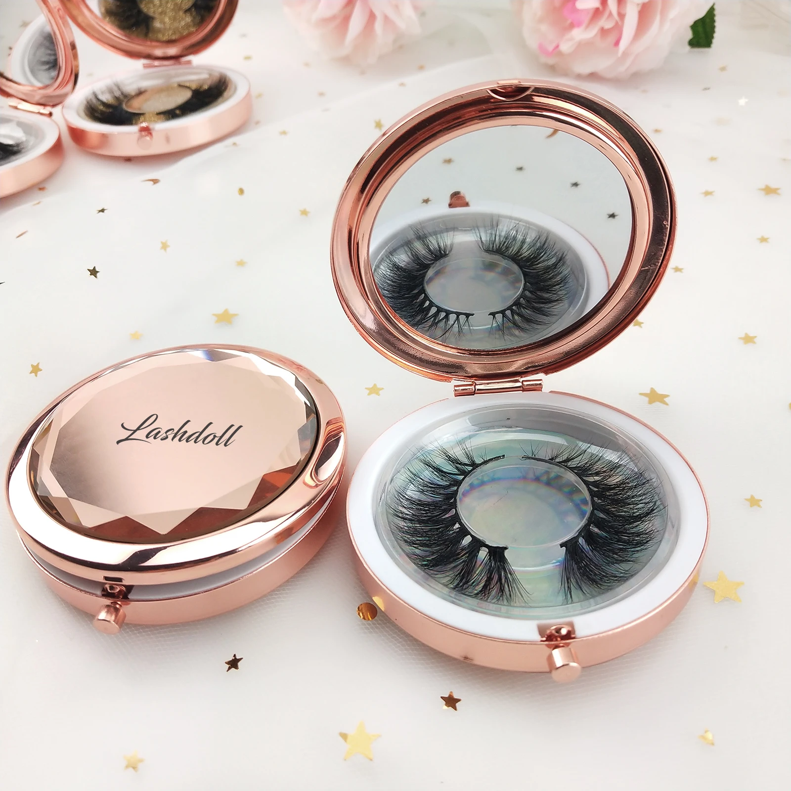 Circle Eyelash Package Mink Lashes Diamond Packaging With Mirror - Buy ...