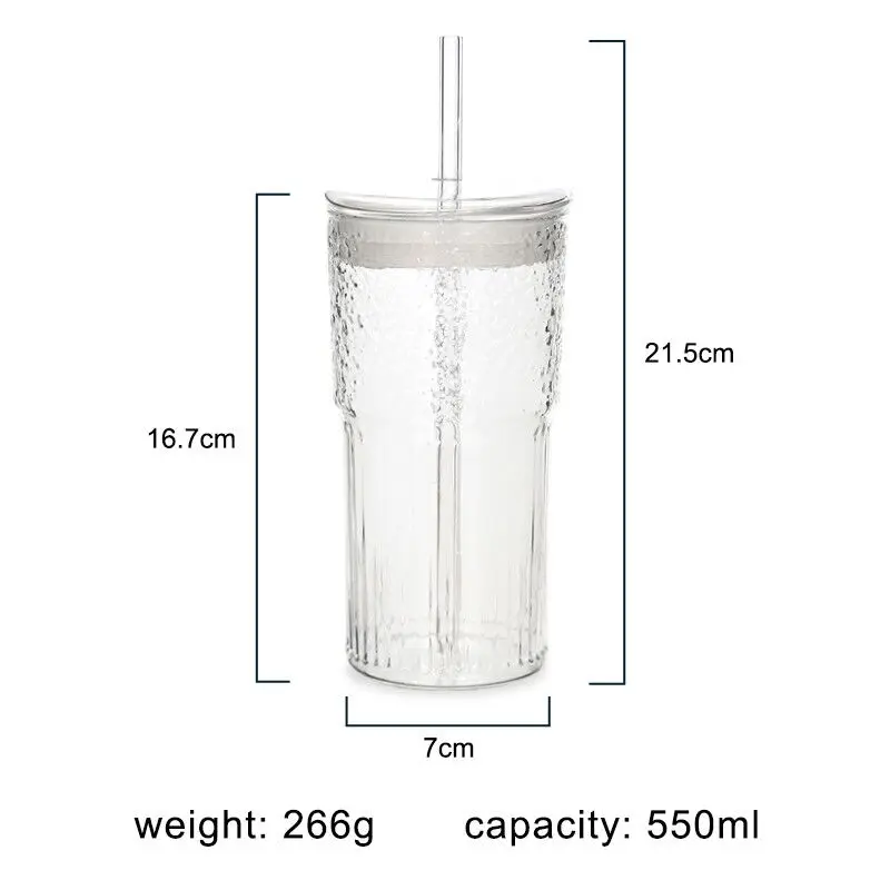 400ML Simple Ribbed Vertical Stripes Glass Cup With Lid and Straw ...