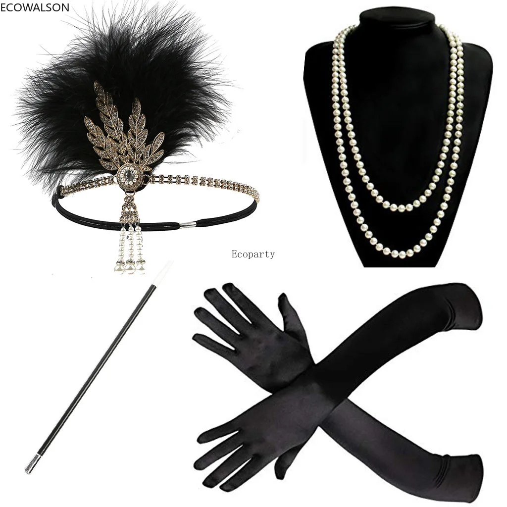 1920s Flapper Gatsby Costume Accessories Set 20s Flapper Headband Pearl ...