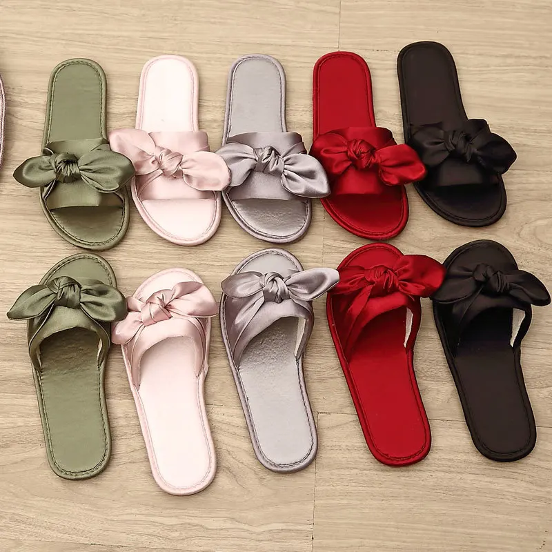 2020 Indoor Non-slip Satin Women Slippers Bowknot Imitate Silk Peep-toe ...