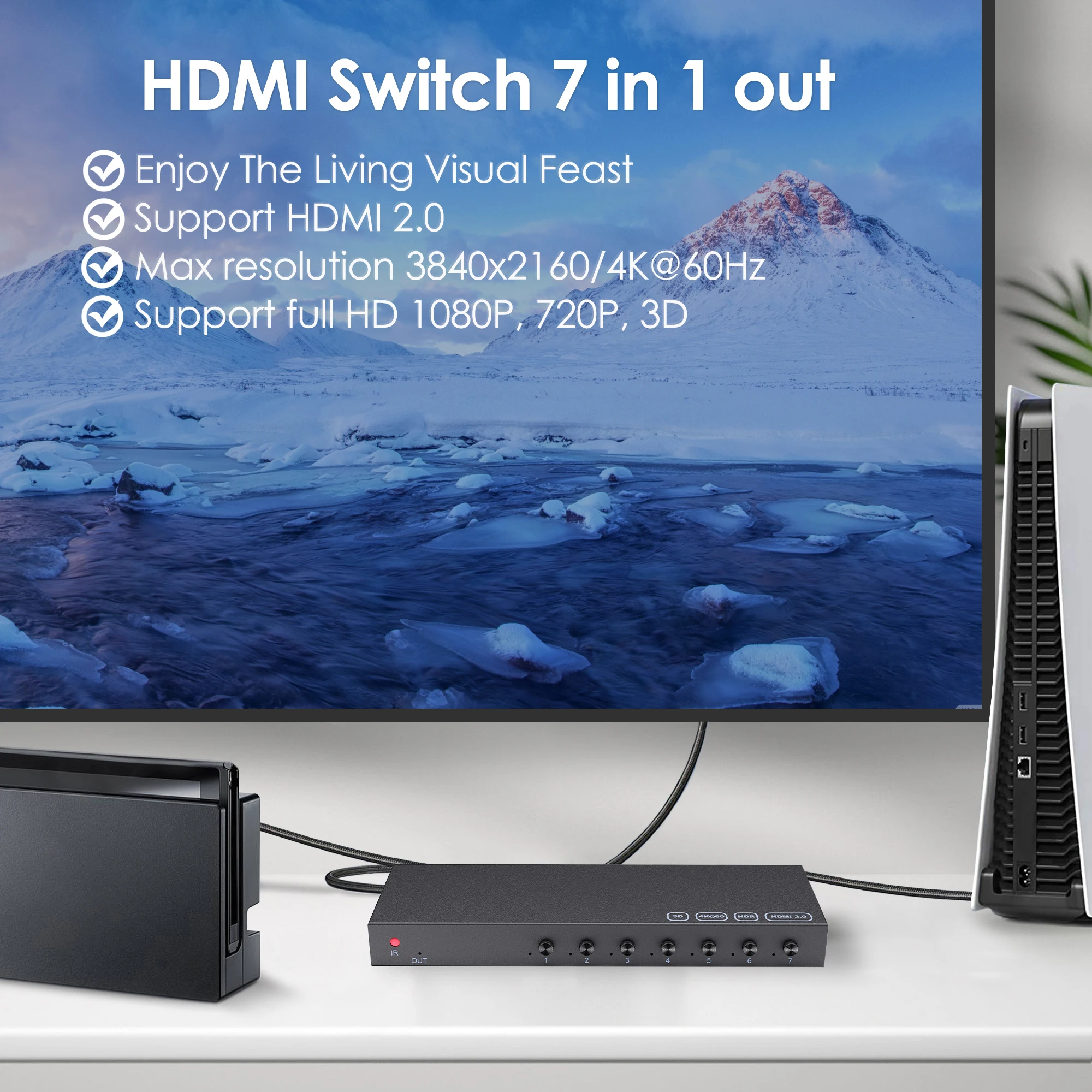 4K 7 Ports in 1 Out Ports Umschalter HDMI Switch 7x1 Video Switcher Selector Box with IR Remote ...