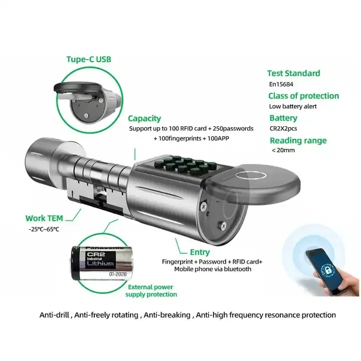 IP66 Waterproof Smart Cylinder Lock TTLock Electronic Cylinder Backup ...
