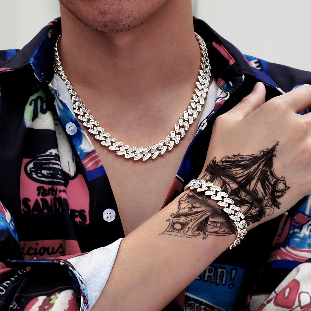 Hip Hop Jewelry Set 12mm 7'' 8 18 20inch Baguette Diamond CZ White Gold ...