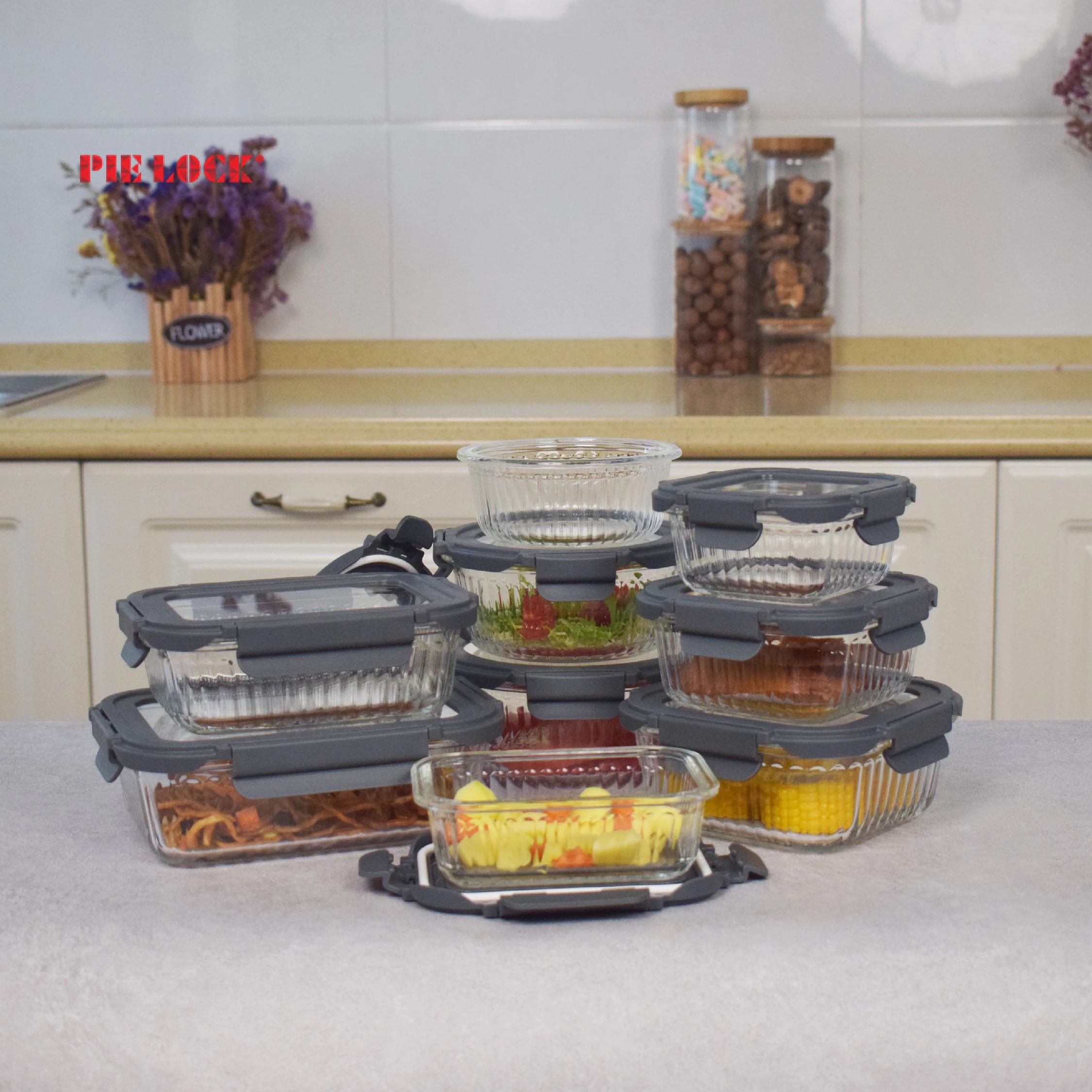 9set High Borosilicate Glass Food Container With Grey Glass Lid Heatable Food Storage Container ...