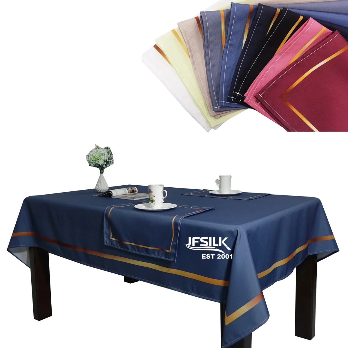 Rectangle Gold Golden Line Stripe Navy Marine Blue Table Cloth Coth ...