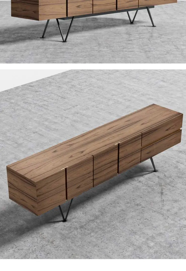 Modern Luxury Media Console Wooden Walnut Veneer Black Tripod Metal ...