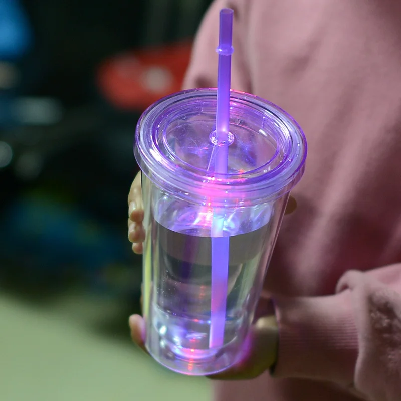 16oz Acrylic Colorful Flash LED Water Bottle Light-Up Double-Layer ...