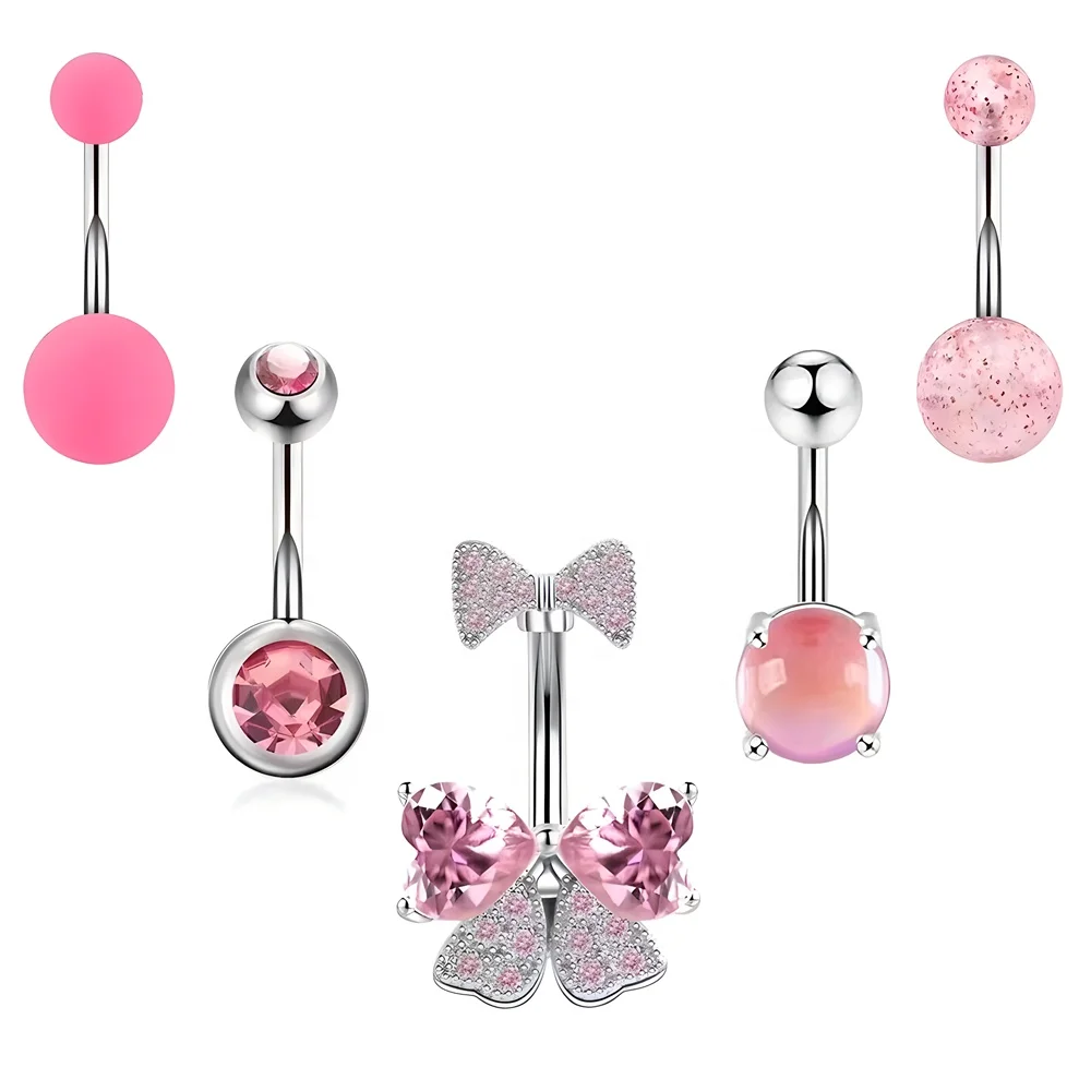 New Arrival Navel Button Rings Set Pink Crystal Belly Ring Stainless ...