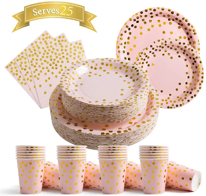 100 Pink Disposable Paper Plate Napkin Sets Party Items Pink Gold Dots ...