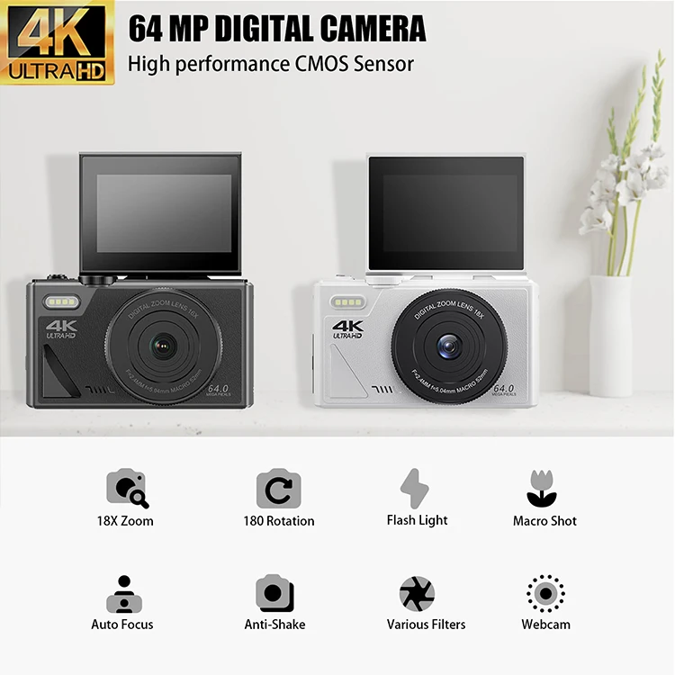 FHD 4K Digital Camera - 64MP with 18X Zoom & LCD Screen