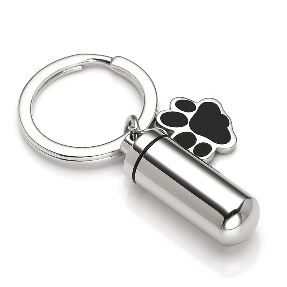 Stainless Steel Paw Print Ash Cremation Key Chain Urn Cylinder Memorial ...