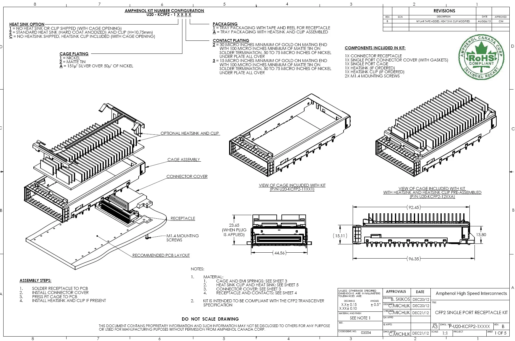 CFP2 Cage Connector Springfinger EMI (U20-KCFP2-12121) for 100 Gbps