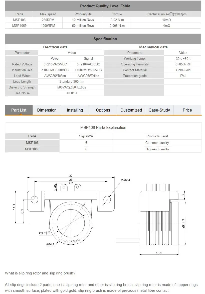 Separated Slip Ring Series Crane Electrical Slip Ring MSP106