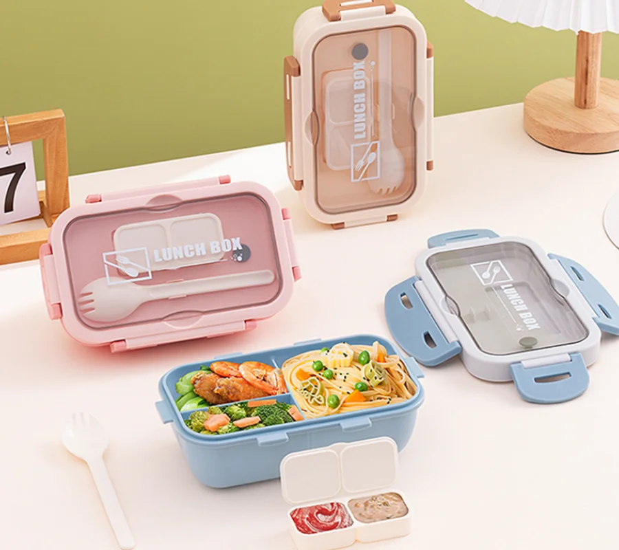 840ml Reusable Plastic Lunch Bento Box with 3 Compartments Partition ...