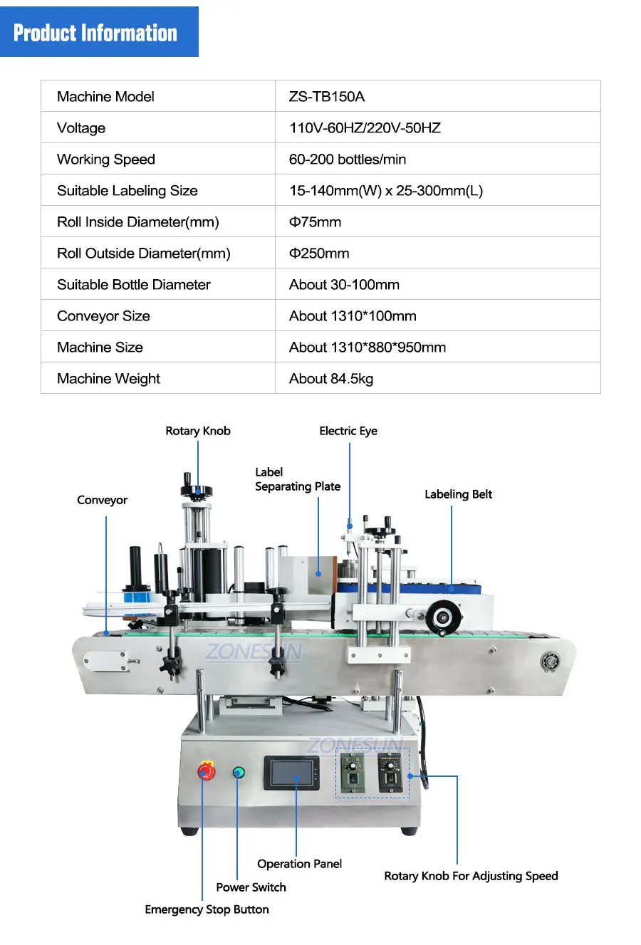 ZONESUN ZS-TB150A Desktop Automatic Water Drinks Glass Round Bottle Label Applicator Sticker ...