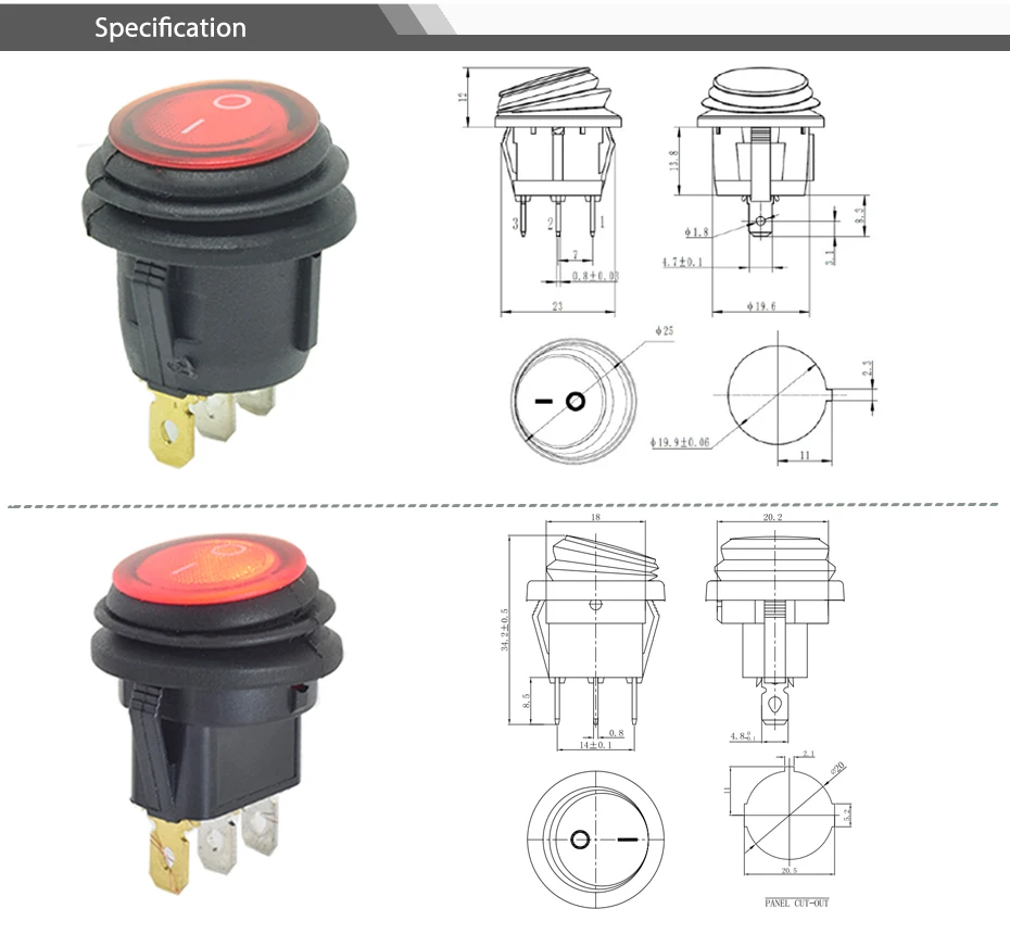 6A 250VAC Waterproof Round Rocker Switch with LED Lights