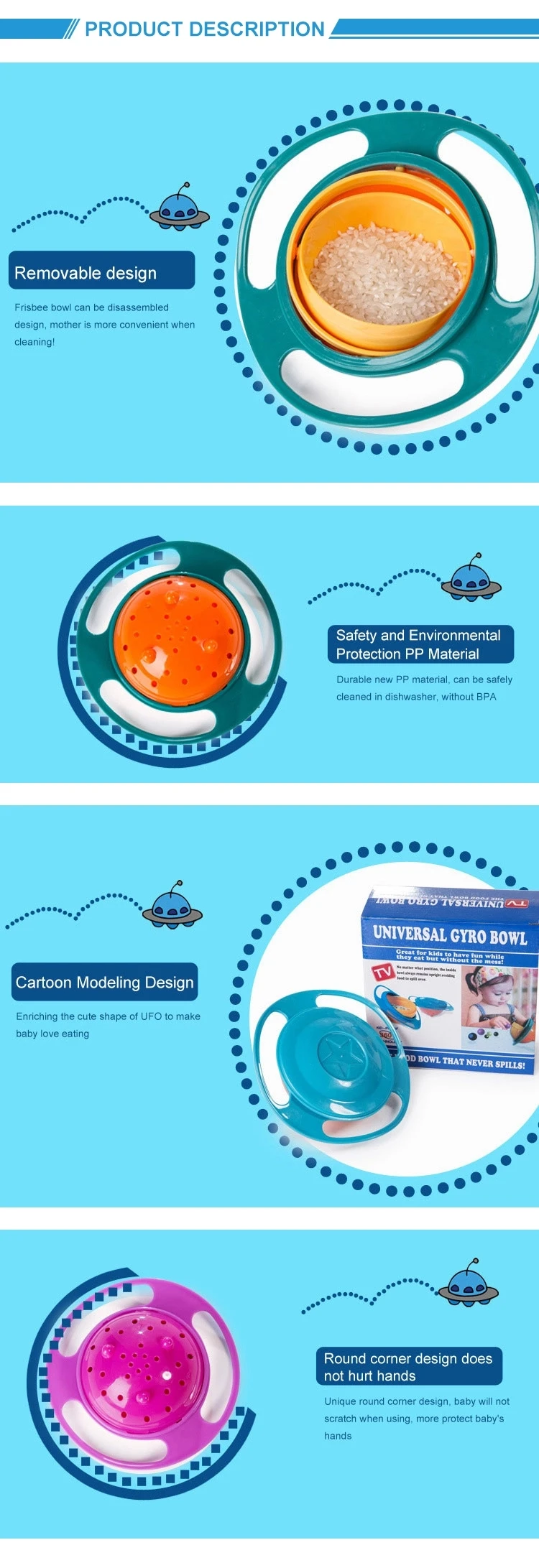 360 Degrees Rotating Bowl Baby Universal Non-spill Gyro Bowl Anti Spill ...