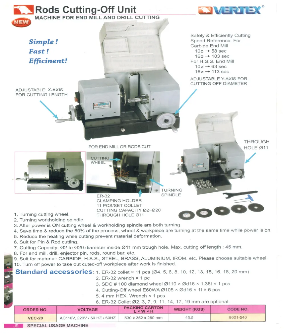 Taiwan Vertex Rods Cutting-off Unit VEC-20 - High Accuracy