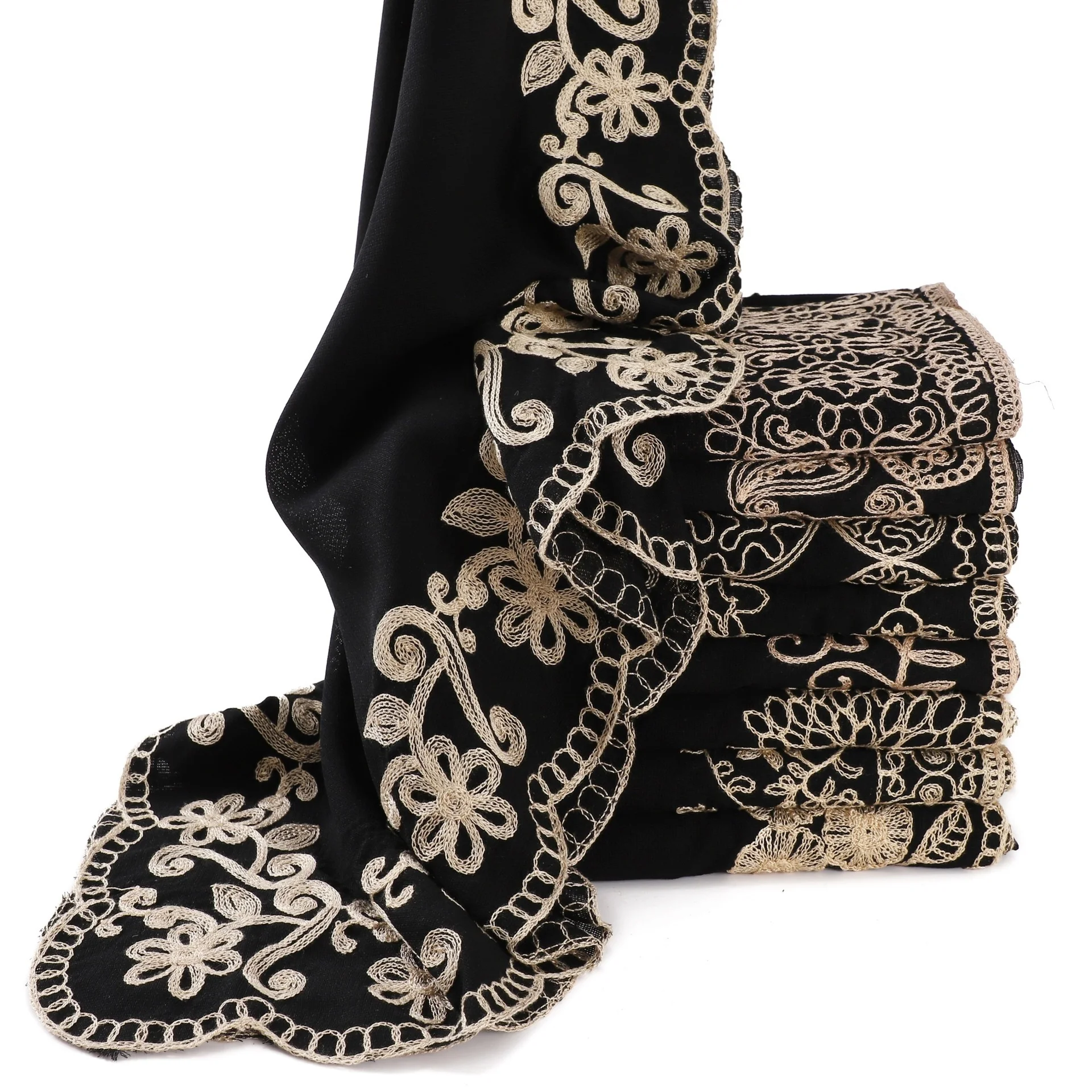 Jet Black Polyester Hijab W/ All-Around Floral Embroidery & Scalloped ...