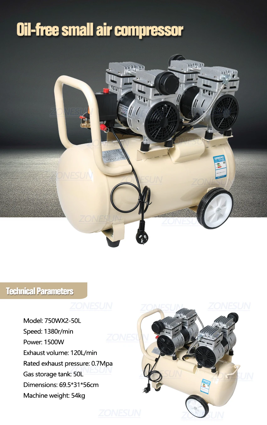 ZONESUN ZS-AC50L Oil-Free Air Compressor for Dental & Woodworking