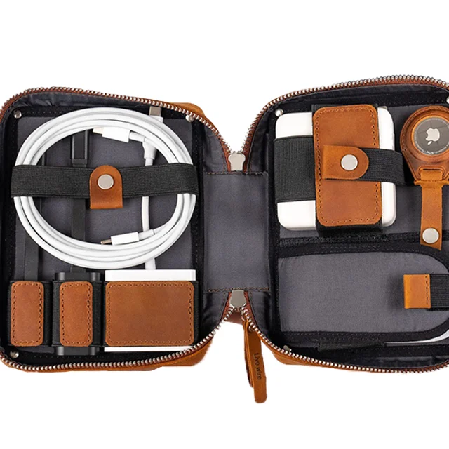 Luxury Leather Cable Organizer Bag Charger Bag Travel Electronics ...