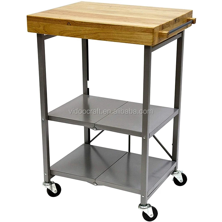 Foldable Butcher Block Kitchen Cart with Wheels - Eco-friendly