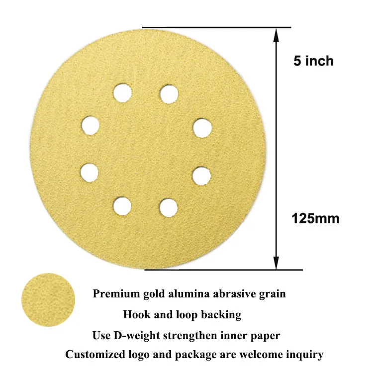 Satc 100pcs 5-inch 8-hole Assortment Dustless Hook And Loop Gold ...