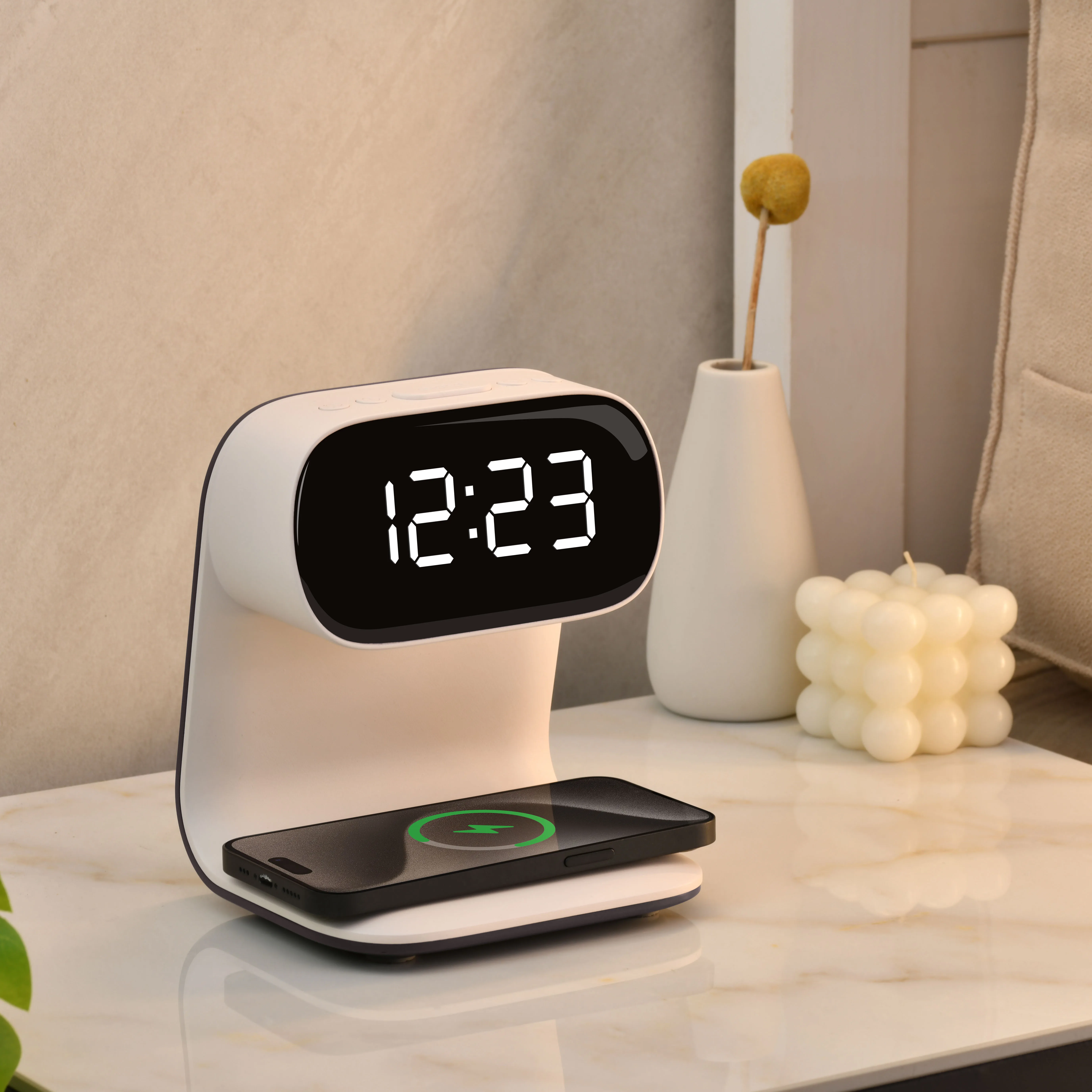 Bedside Lamp Wireless Charger 3 Step Night Light Alarm Clock with Phone ...