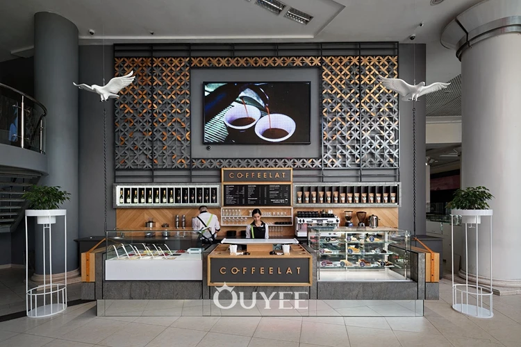 Custom Shopping Mall Airport Coffee Kiosk Wooden Bar Counter Interior ...