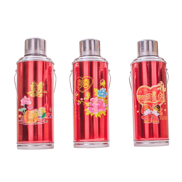 Chinese Style 2.0l Red Metal Flower Thermo Vacuum Flask With Glass ...